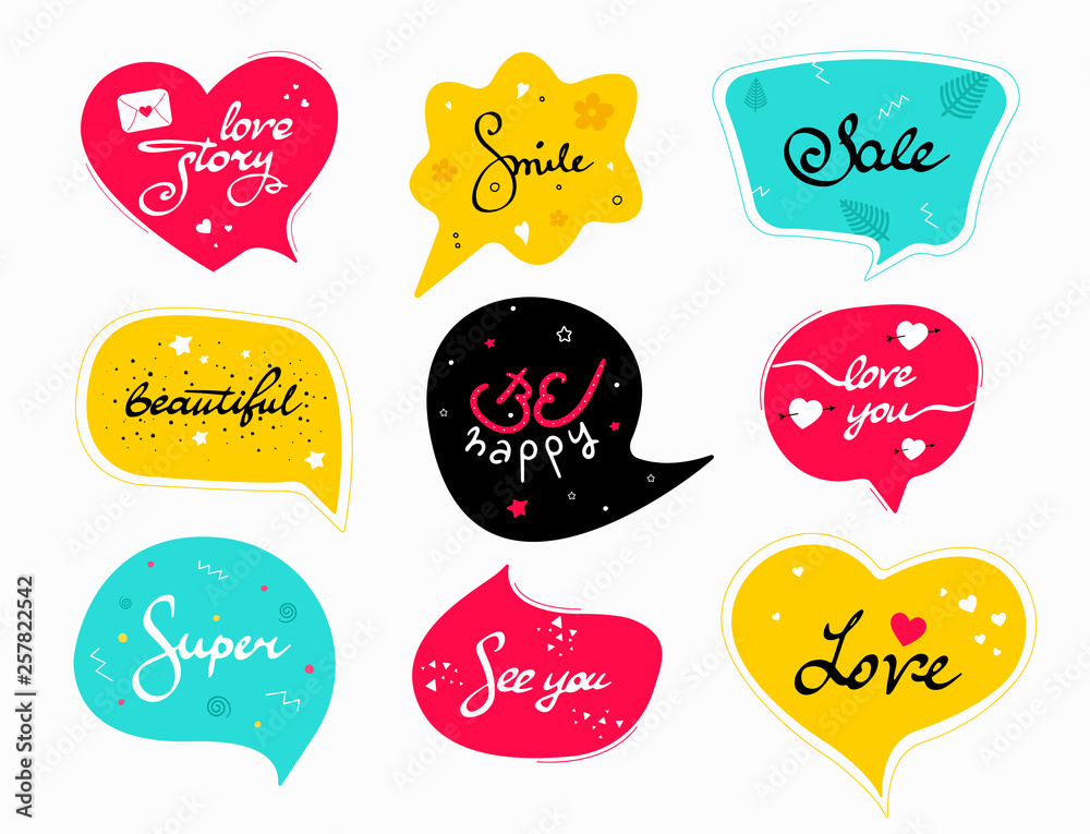 Color speech bubbles set. Stylized slogan. Motivation quotes and ...