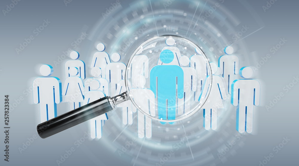 Magnifying glass recruiting people illustration 3D rendering Stock ...