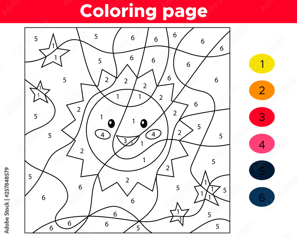Educational number coloring page. Vector kawaii cartoon sun. Space ...