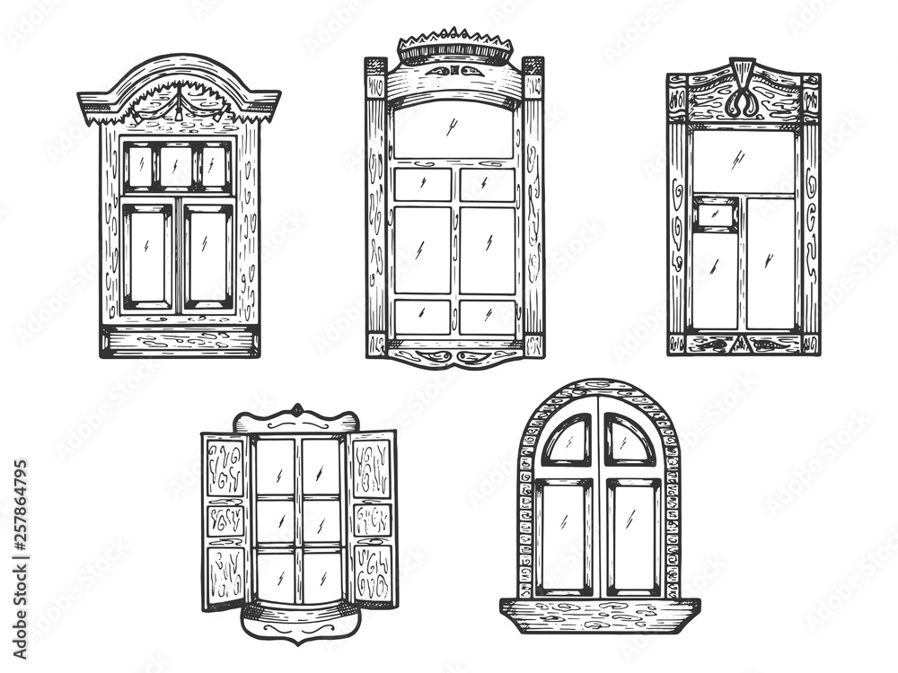 House wooden old windows sketch engraving vector illustration. Scratch ...