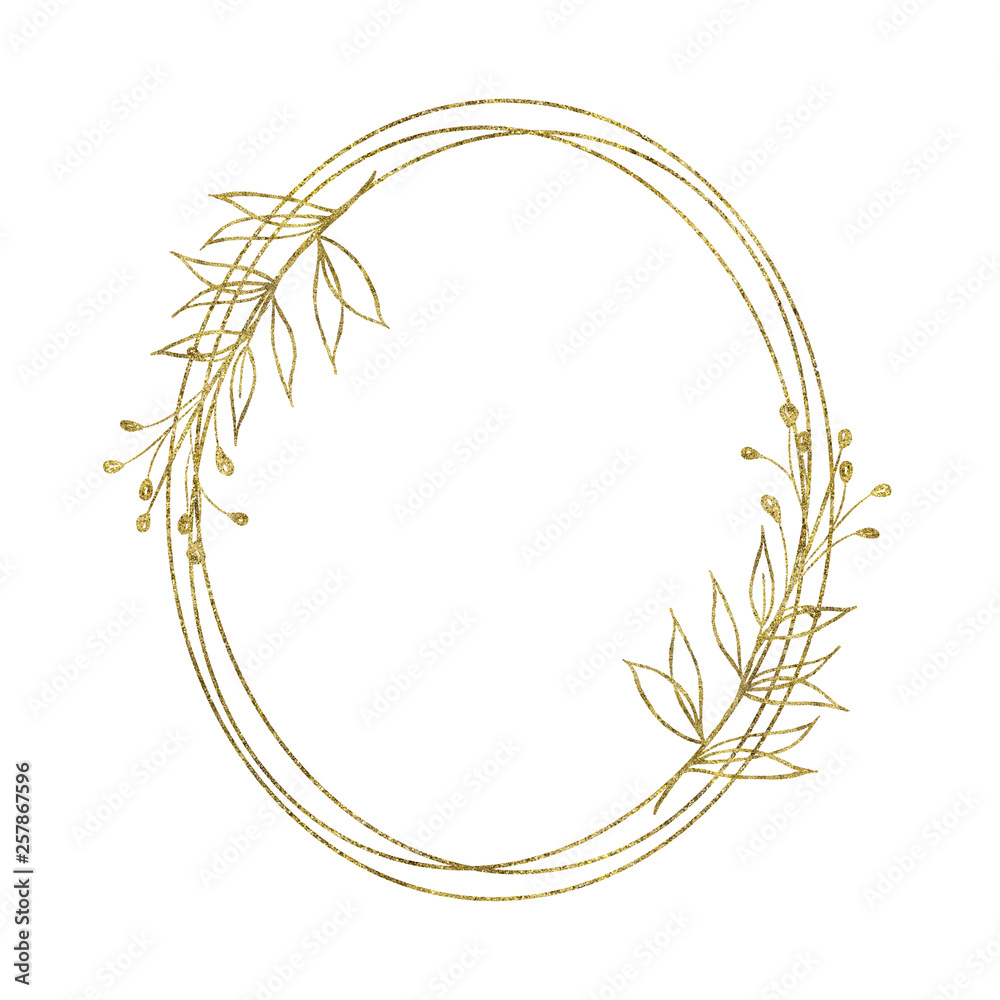 Gold geometrical round oval frame with flower leaves isolated on white ...