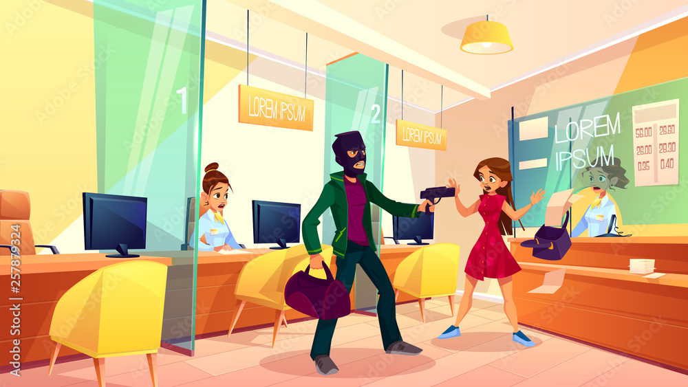 Bank robbery cartoon vector concept. Male robber in face mask with bag ...