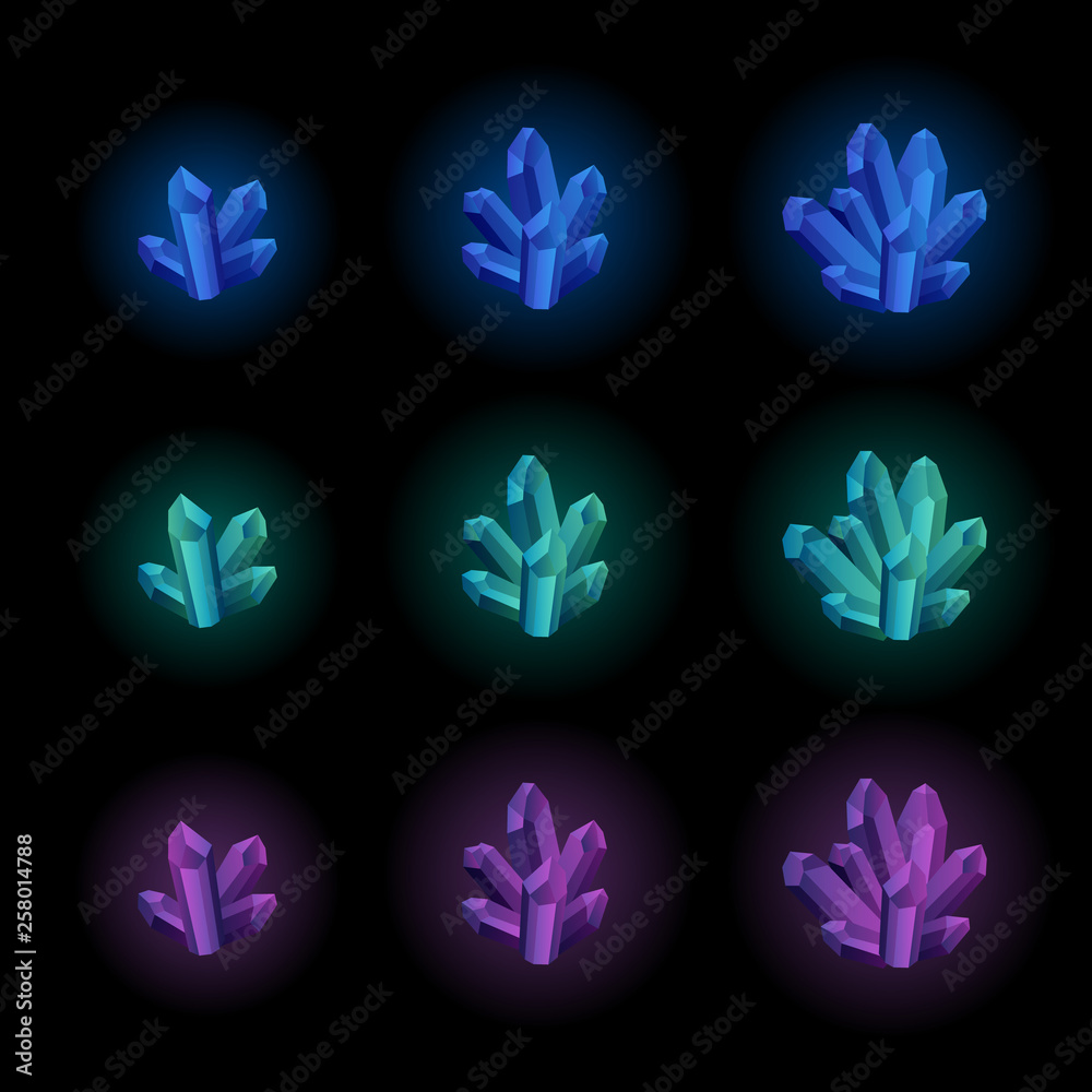 Set of 3 colors, 3 different size glowing crystals, gemstones, gems ...