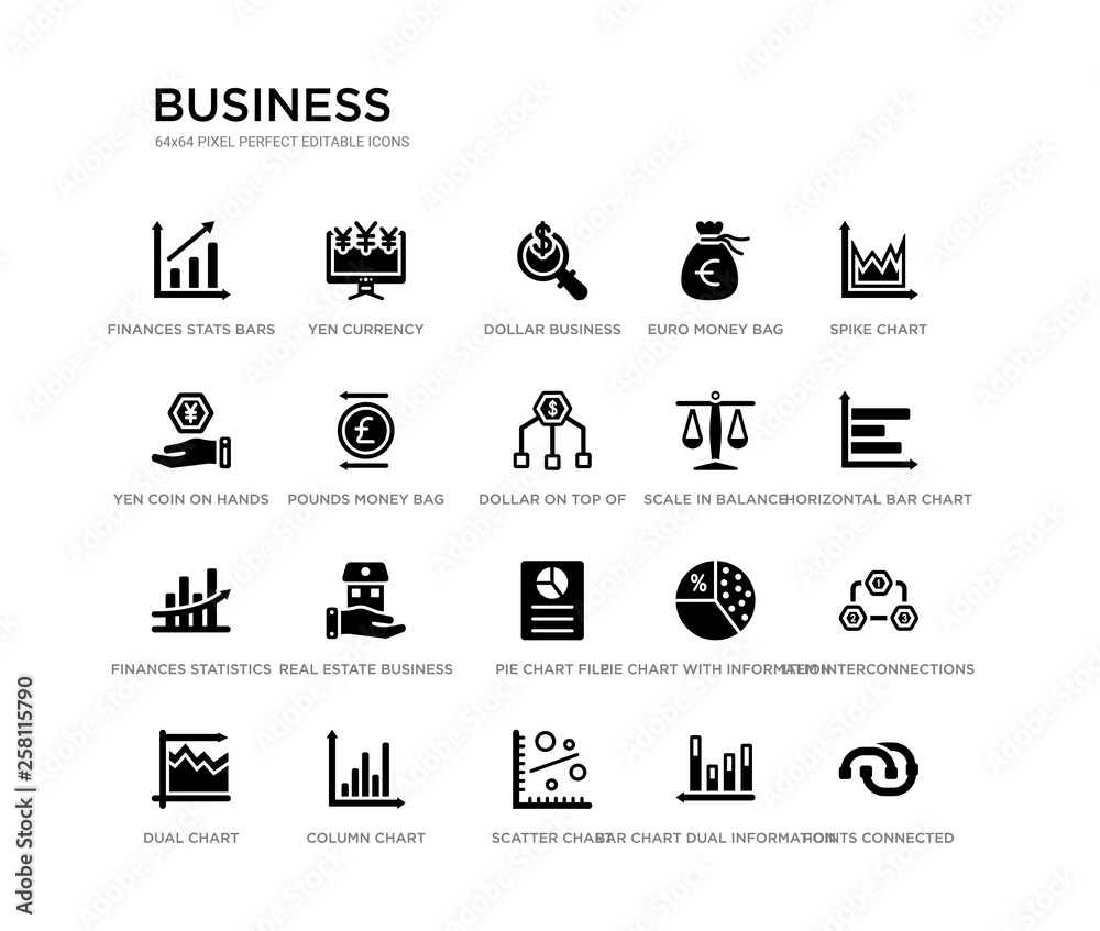 set of 20 black filled vector icons such as points connected chart ...