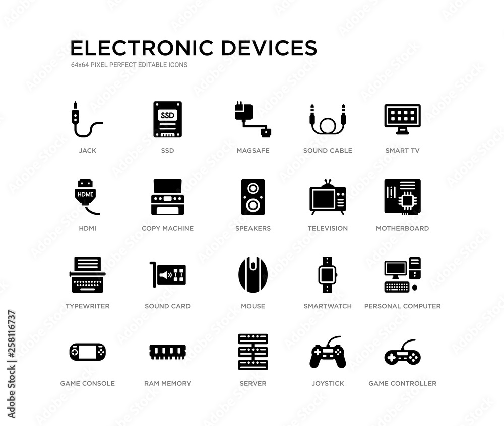 set of 20 black filled vector icons such as game controller, personal ...