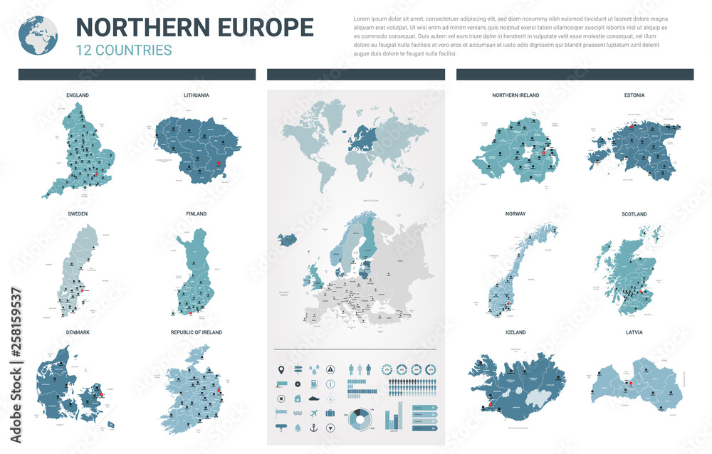 Vector maps set. High detailed 12 maps of Northern Europe countries ...