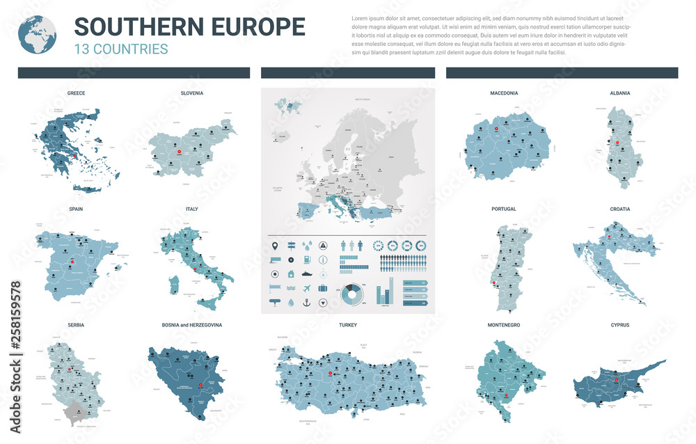 Vector maps set. High detailed 13 maps of Southern Europe countries ...