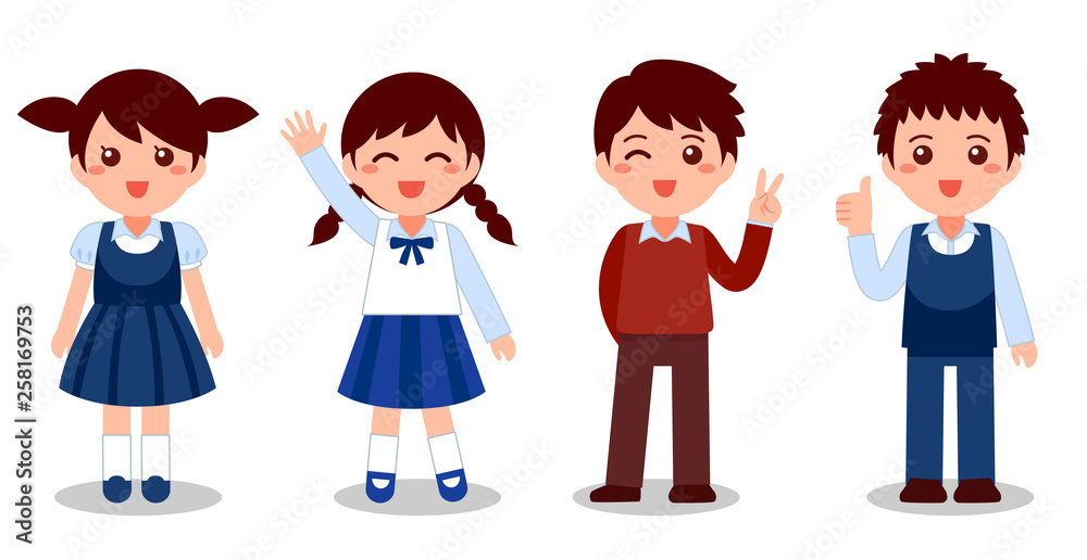 children uniform, Cute boys and girls happy with school. Flat cartoon ...