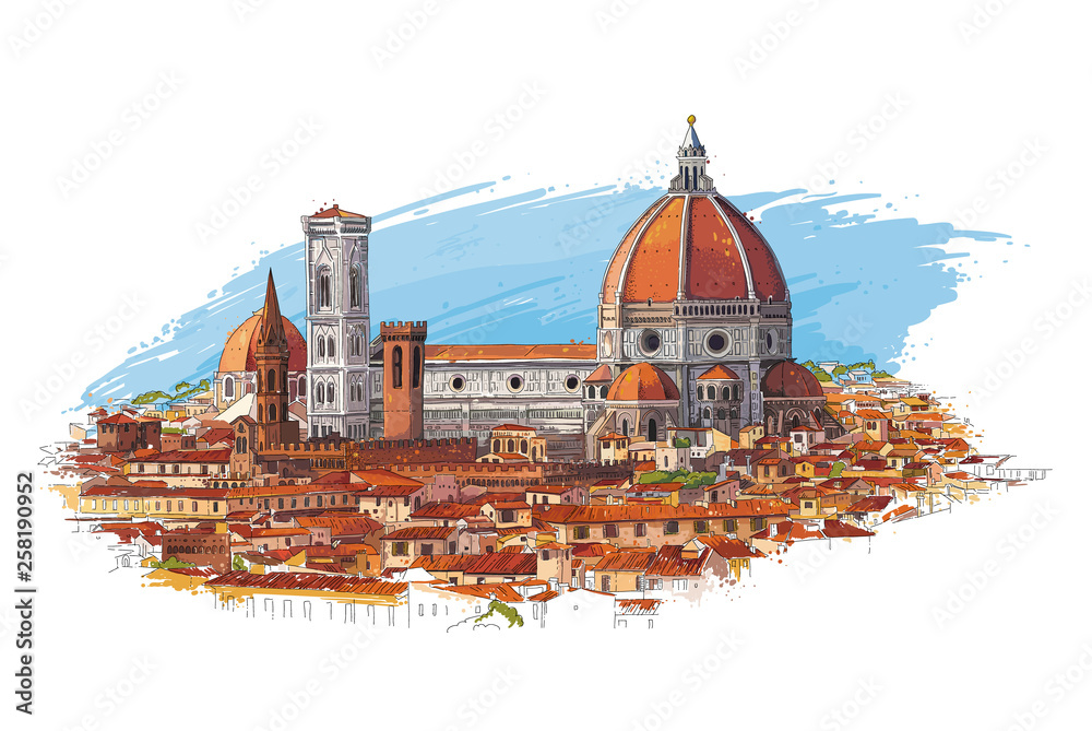 Florence, Italy cityscape with Dome and old quarters. Hand drawn sketch ...