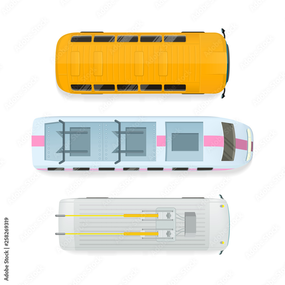 City public transport top view icons set. Bus, tramway, metro train ...