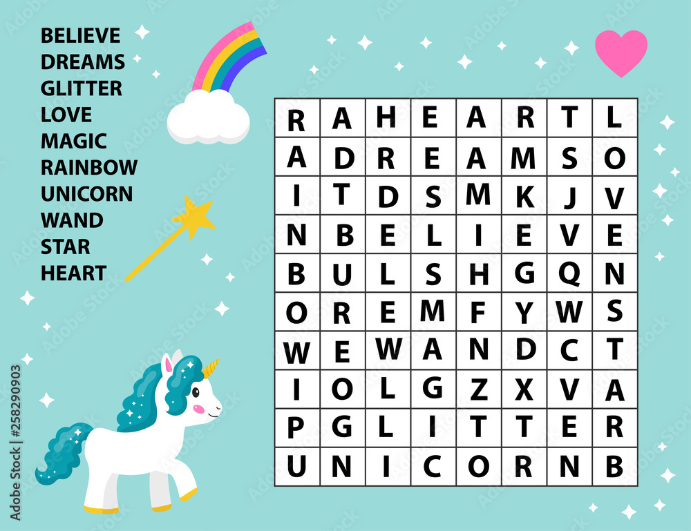 Educational game word search for kids. Crossword game. Fairy tale. Cute ...