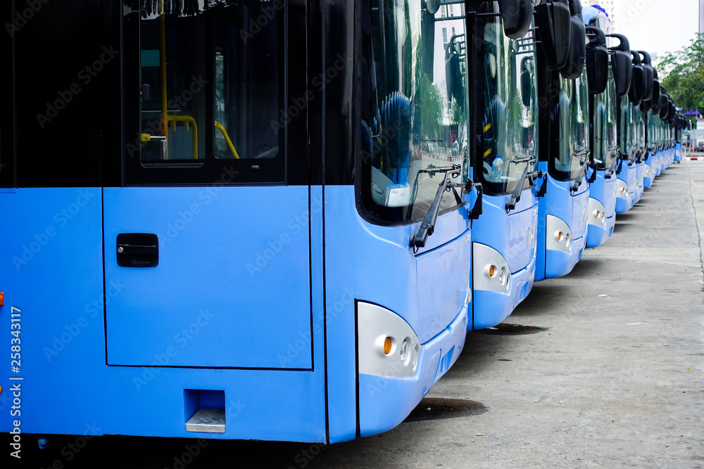 Blue tourist buses on parking Stock Photo | Adobe Stock