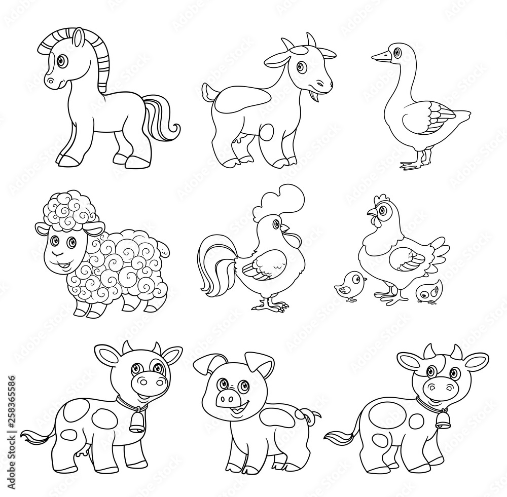 Cute cartoon farm animals set black outline on a white background for ...