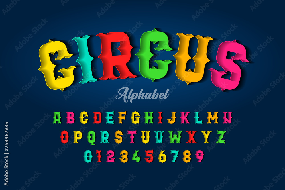 Circus style font design, alphabet letters and numbers Stock Vector ...