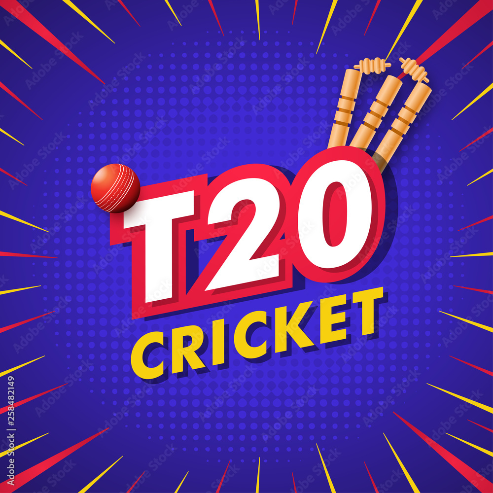 Pop Art style of T20 Cricket with illustration of ball and stump on ...