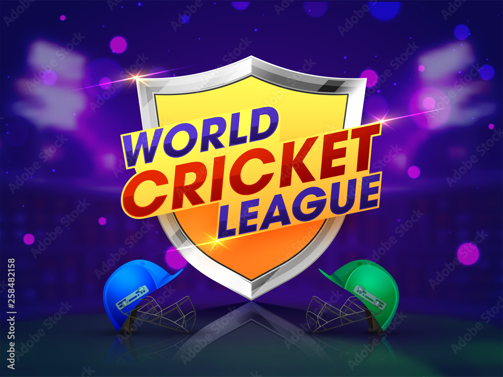 World Cup Cricket match concept with winning shield and cricket attire ...