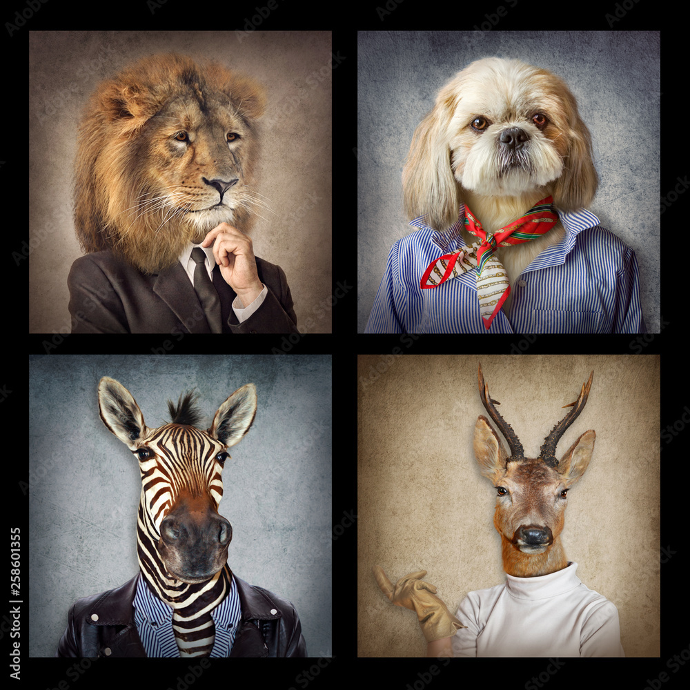 Animals in clothes on vintage style. People with heads of animals ...