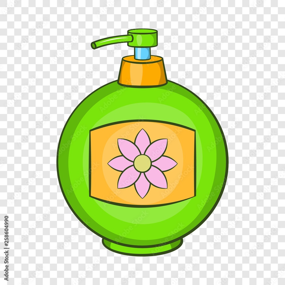 Green plastic bottle of liquid soap icon in cartoon style on a ...