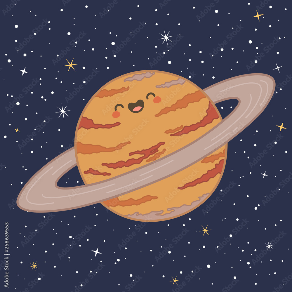Cute Planet Saturn Solar System with funny smiling face cartoon vector ...