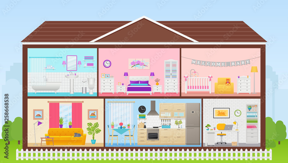House interior. Vector. Cartoon house cross section. Home inside, in ...