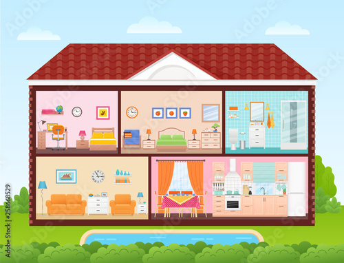 House inside, interior. Vector. Home cross section with rooms bedroom ...
