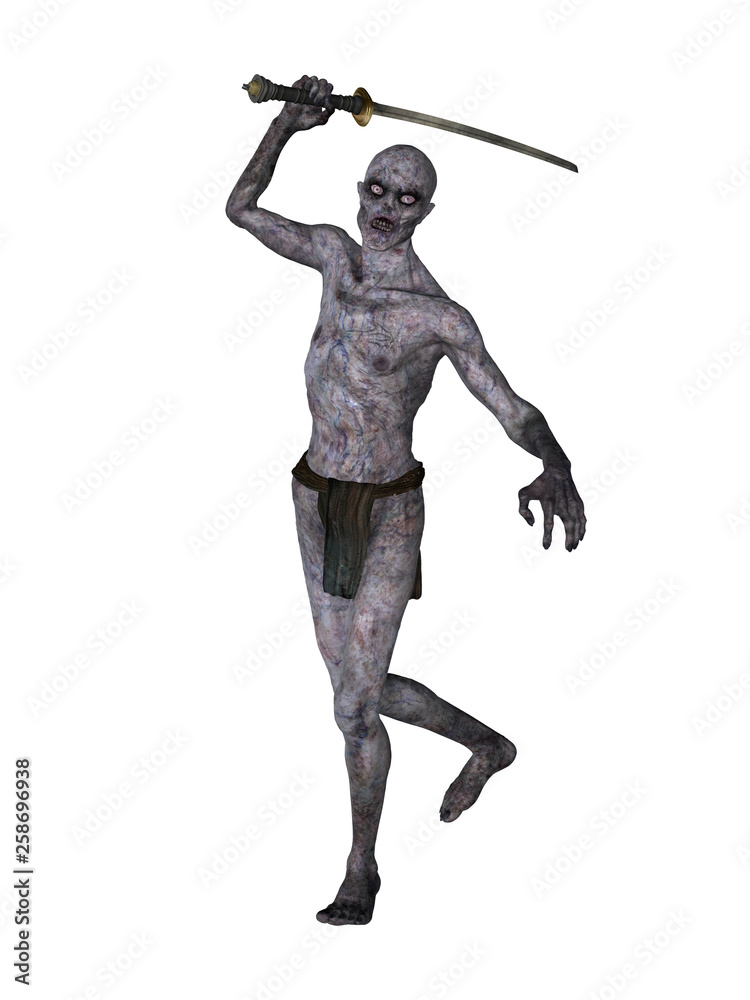 Zombie creature swinging with katana weapon in hand, full body isolated ...