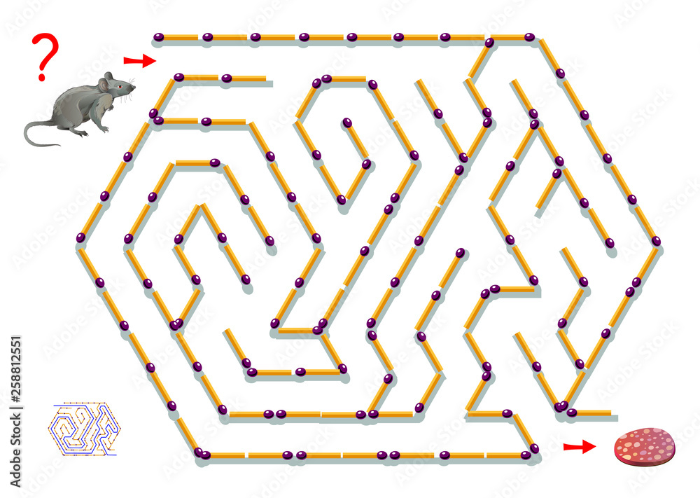 Logic puzzle game with labyrinth for children. Help the rat find way ...