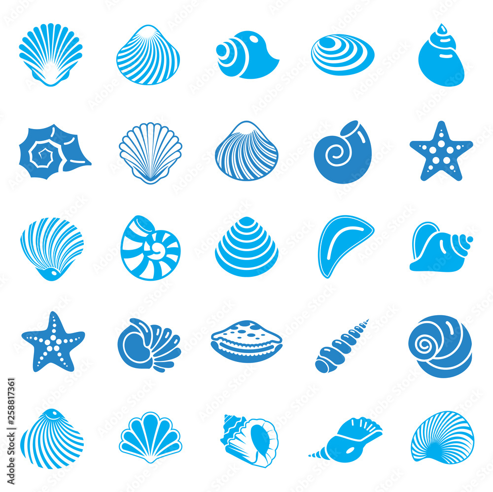 Sea Shell icons set blue on white background for graphic and web design ...