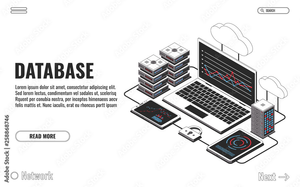 Database, big data, server room, cloud storage icon, information center, hosting services ...