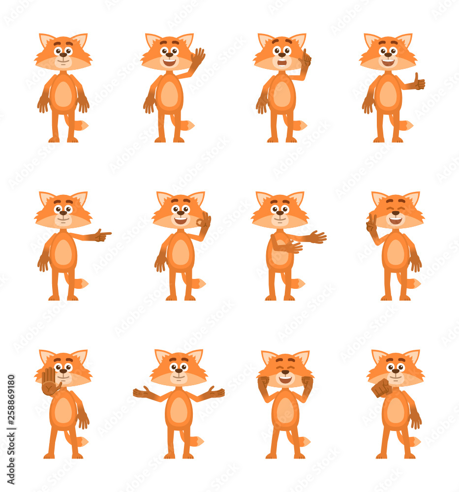 Set of cartoon fox characters showing different hand gestures. Cheerful ...