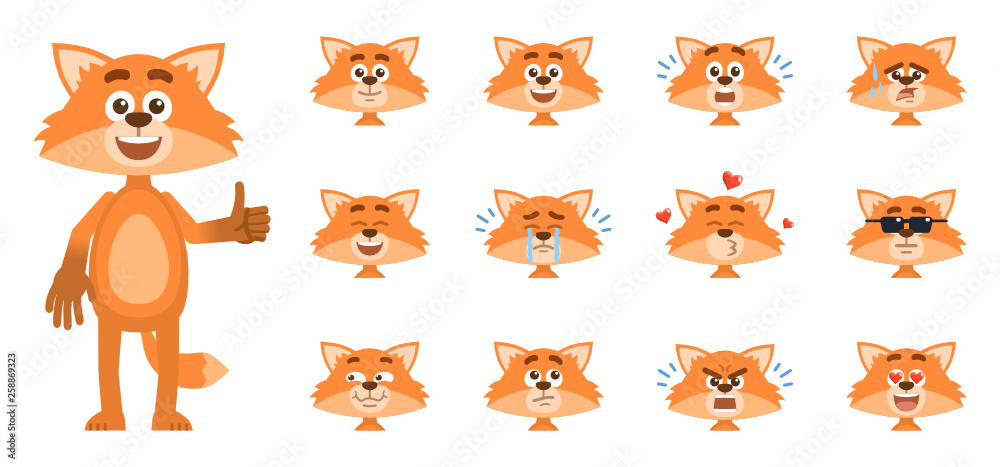 Set of cartoon fox emoticons, emojis. Fox avatars showing different ...
