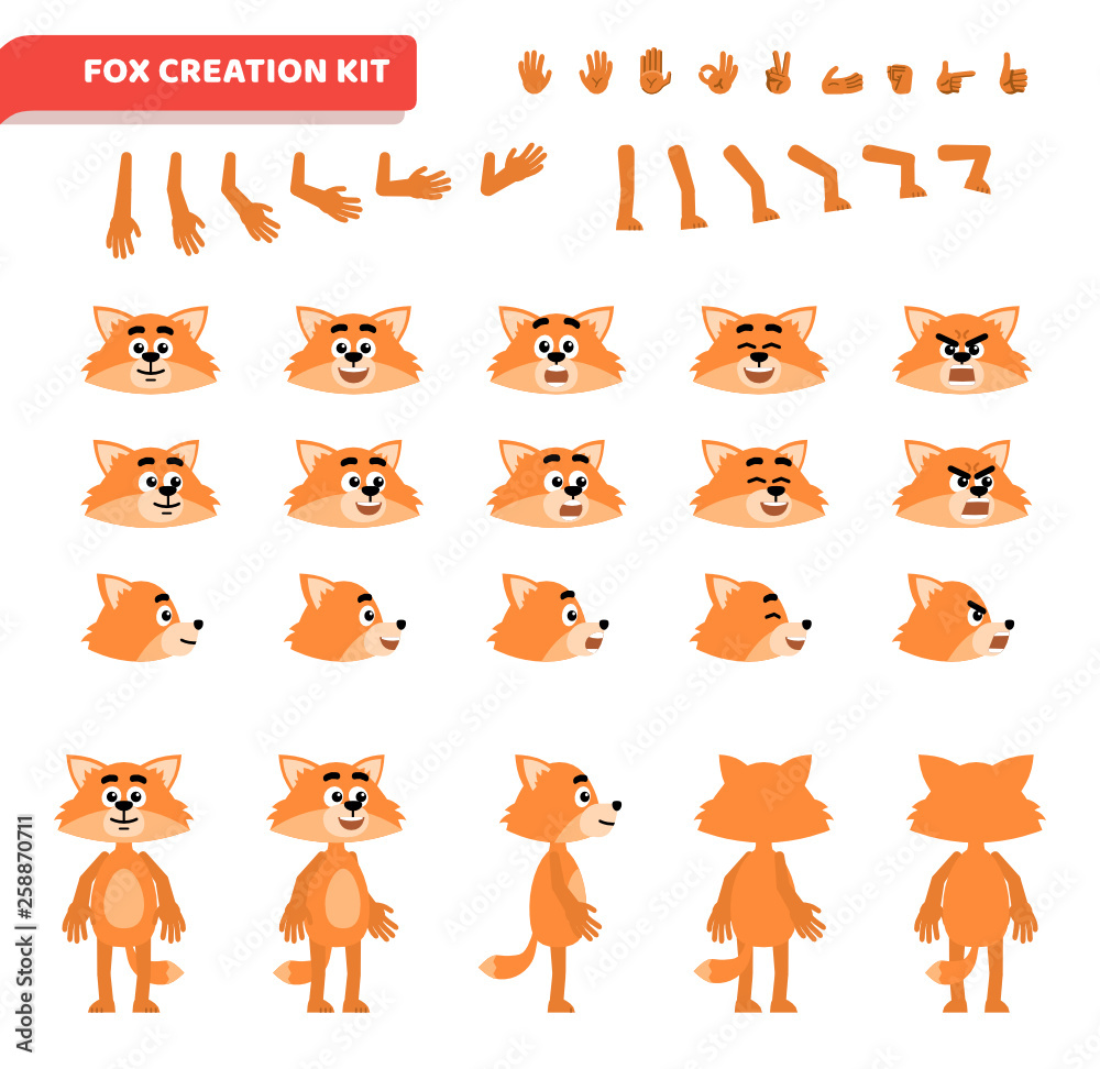 Стоковое векторное изображение «Cartoon fox creation set. Various ...