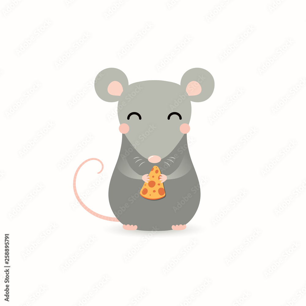 Hand drawn vector illustration of a cute little rat with a piece of ...