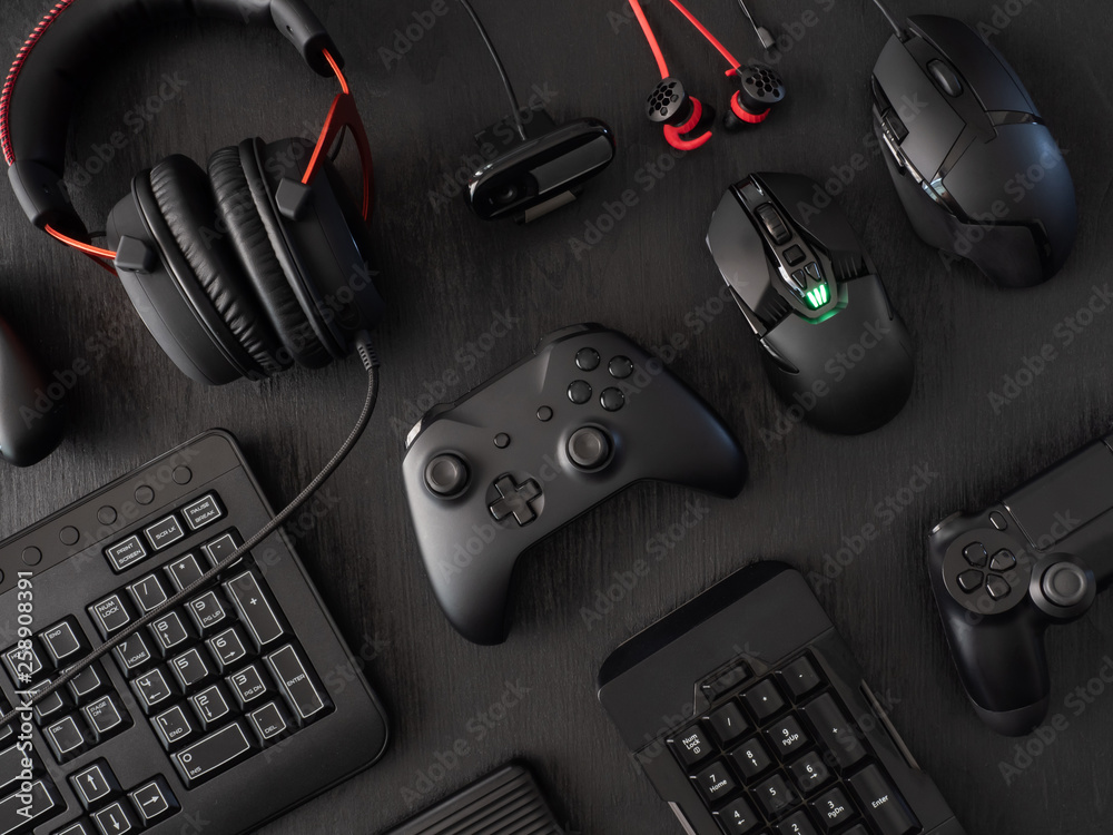 gamer work space concept, top view a gaming gear, mouse, keyboard ...