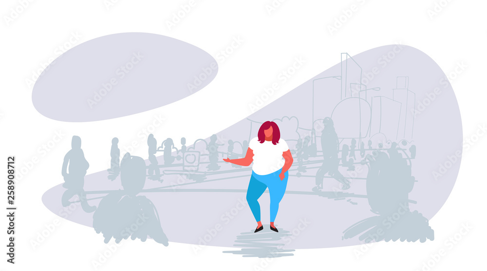 obese fat woman standing out from crowd people silhouettes over size ...