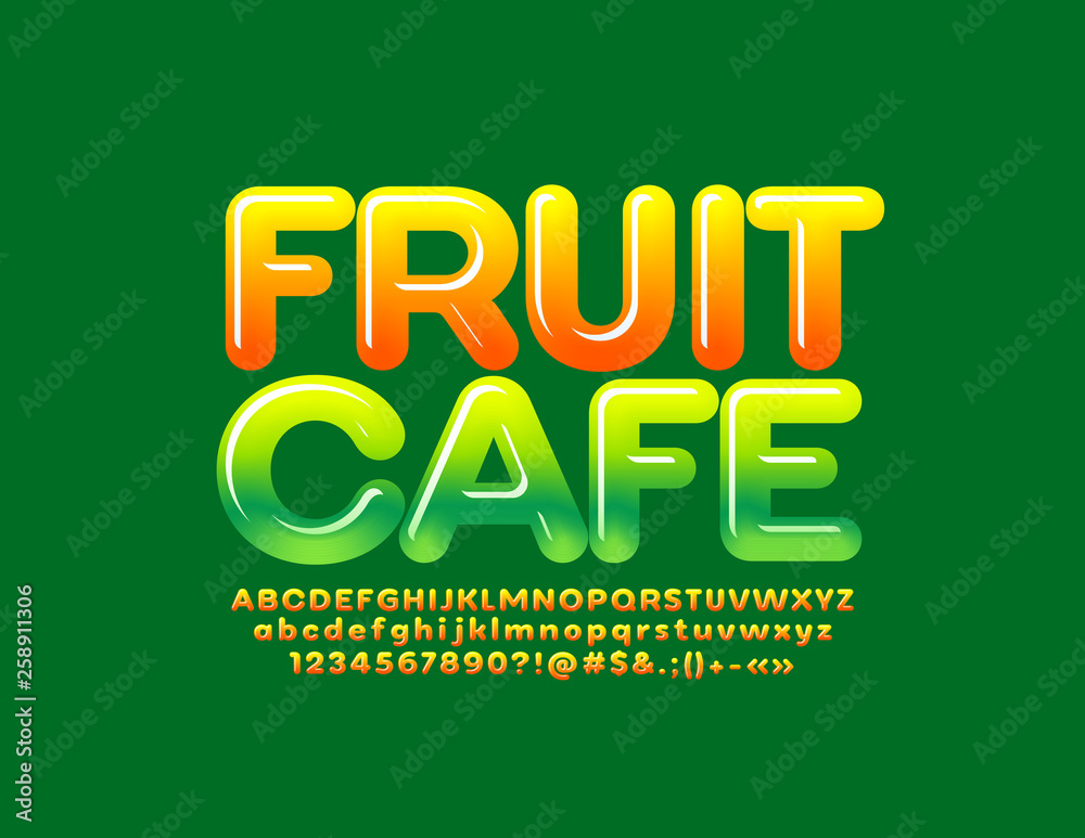Vector glossy emblem Fruit Cafe with gradient color bright Font. Tasty ...