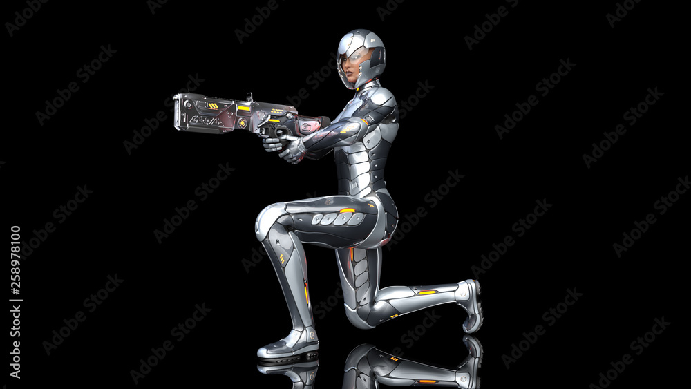 Futuristic android soldier woman in bulletproof armor, military cyborg ...