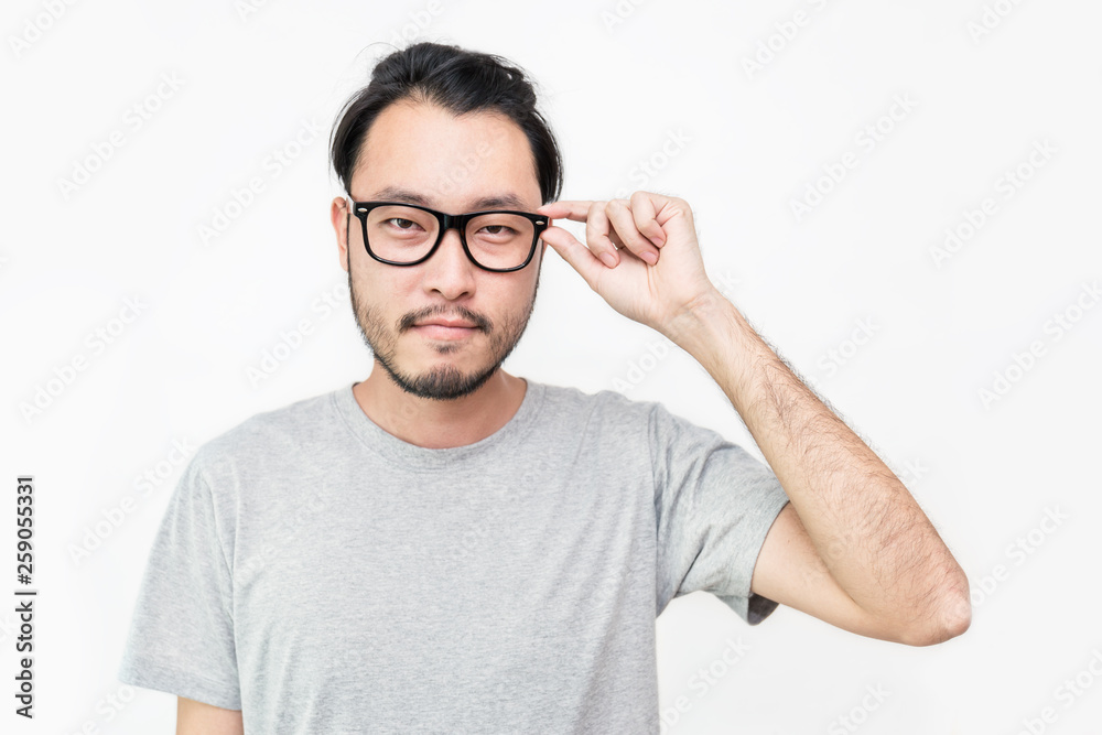 Attractive beautiful smiling positive nerd man. Close up portrait asian ...