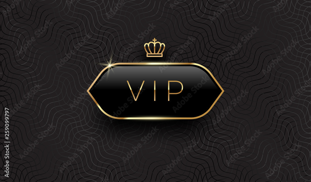 Vip black glass label with golden crown and frame on a black pattern ...