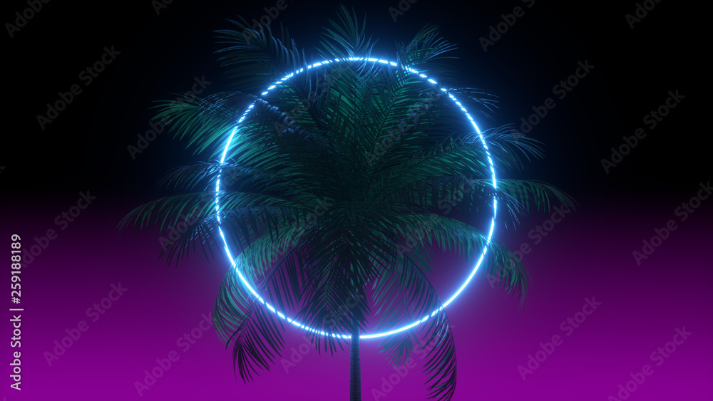 3D vaporwave render background with neon circle, palms and night violet ...