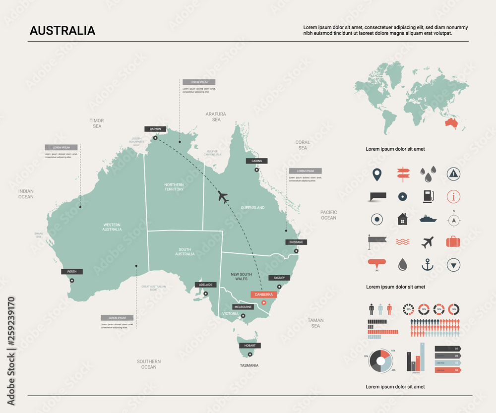 Vector map of Australia . High detailed map with division, cities and ...