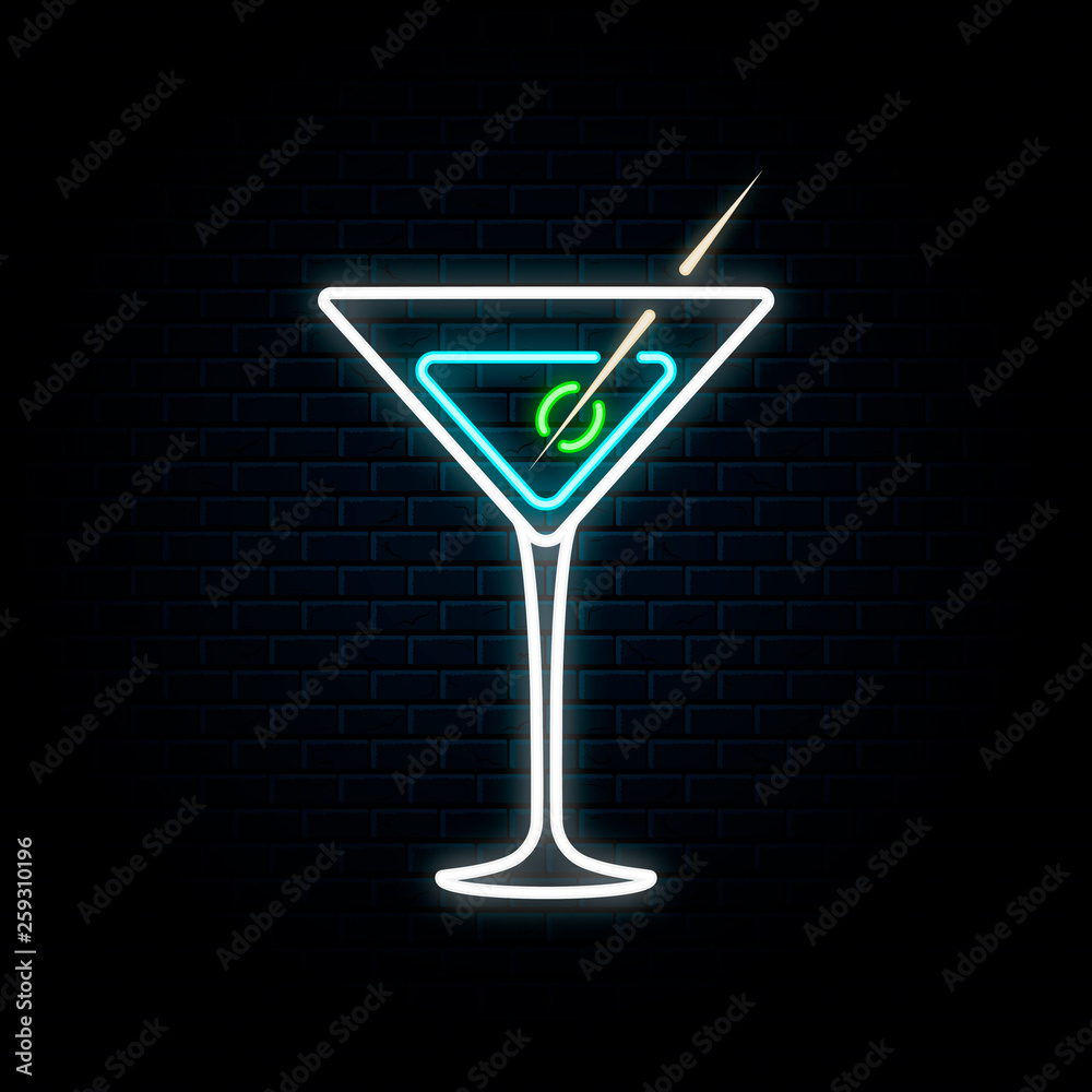 Neon martini glass with olive. Vector isolated illustration. Icon for ...