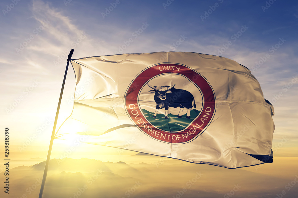 Nagaland state of India flag waving on the top sunrise mist fog Stock ...