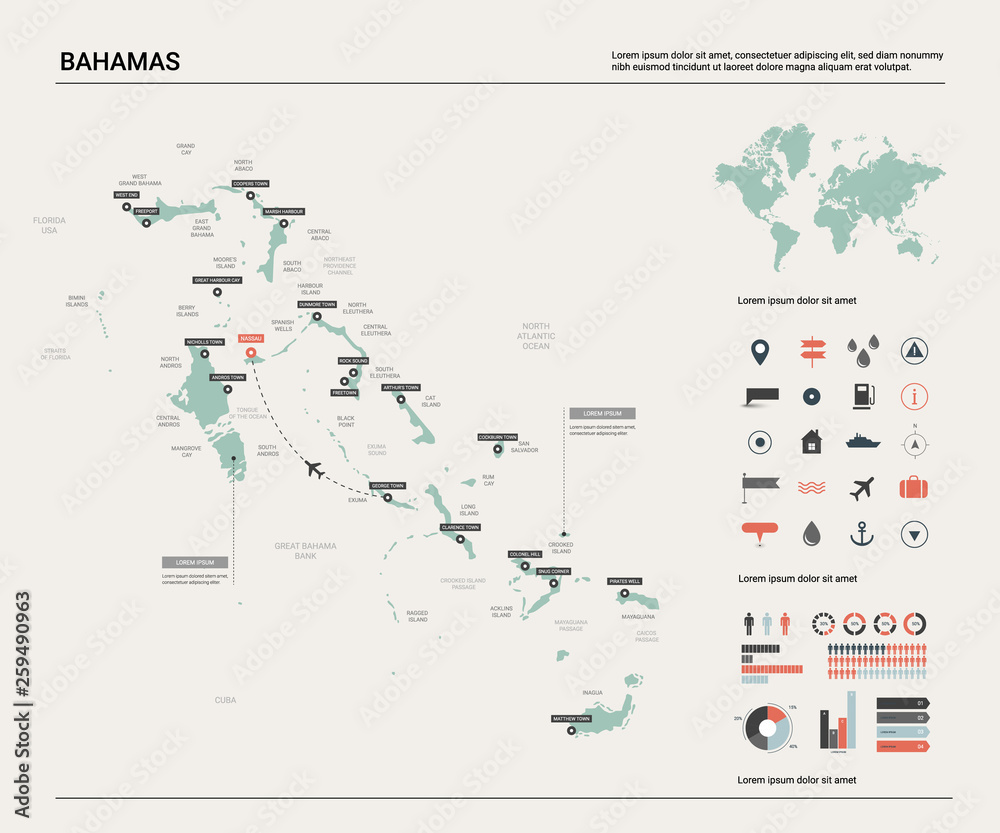 Vector map of Bahamas . High detailed country map with division, cities ...