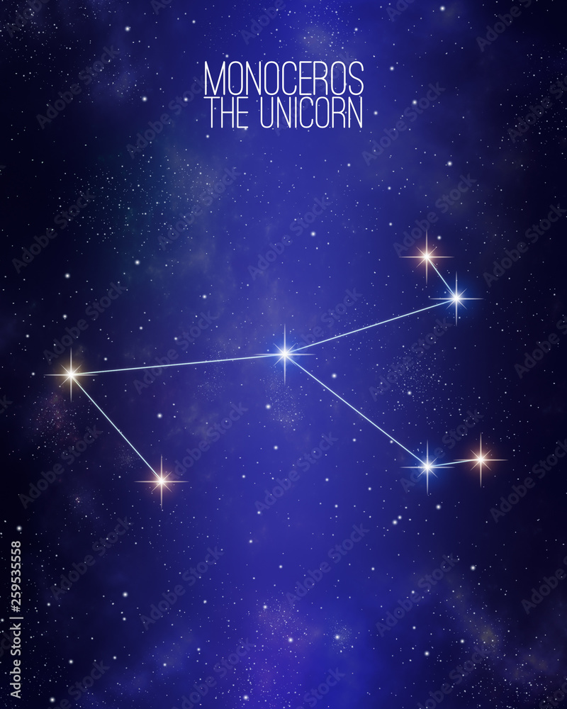 Monoceros the unicorn constellation map on a starry space background ...