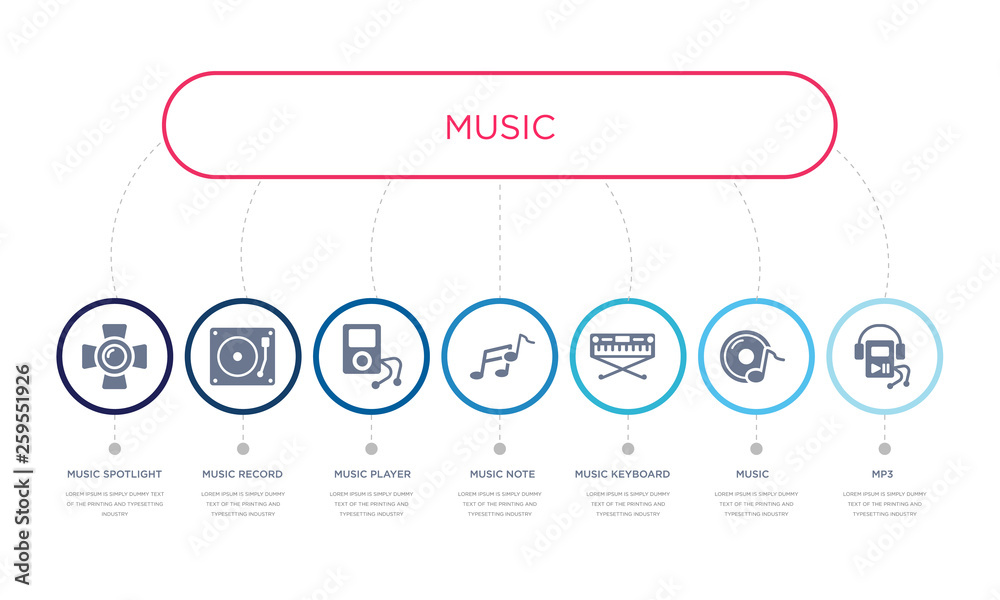 simple illustration set of 7 vector blue icons such as mp3, music ...