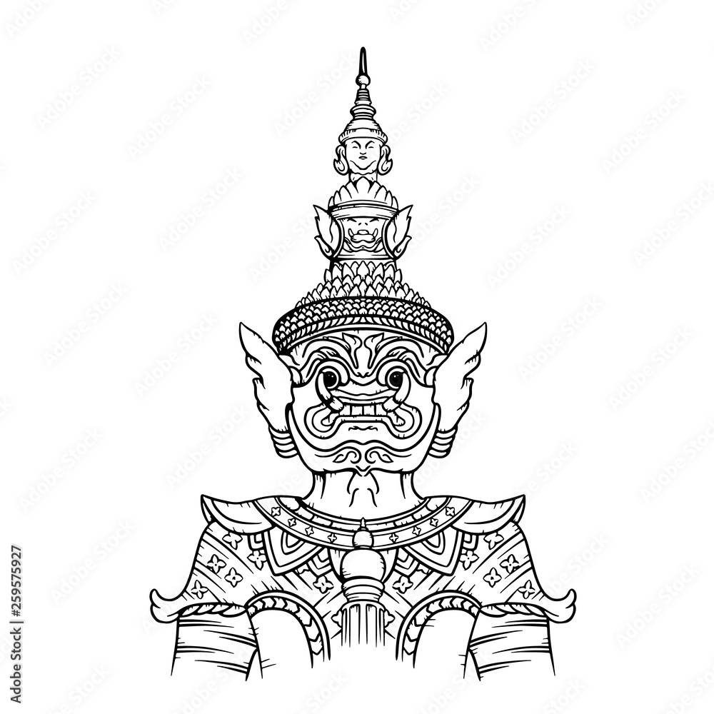 Giant guardian statue Thailand illustration. Giant statue line drawing ...