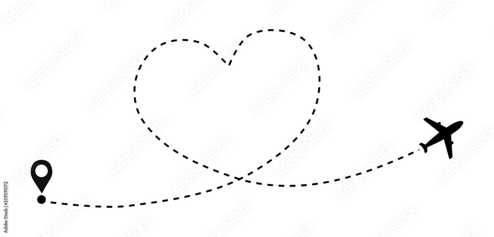 airplane route. Heart dashed lines path with start point and dash line ...