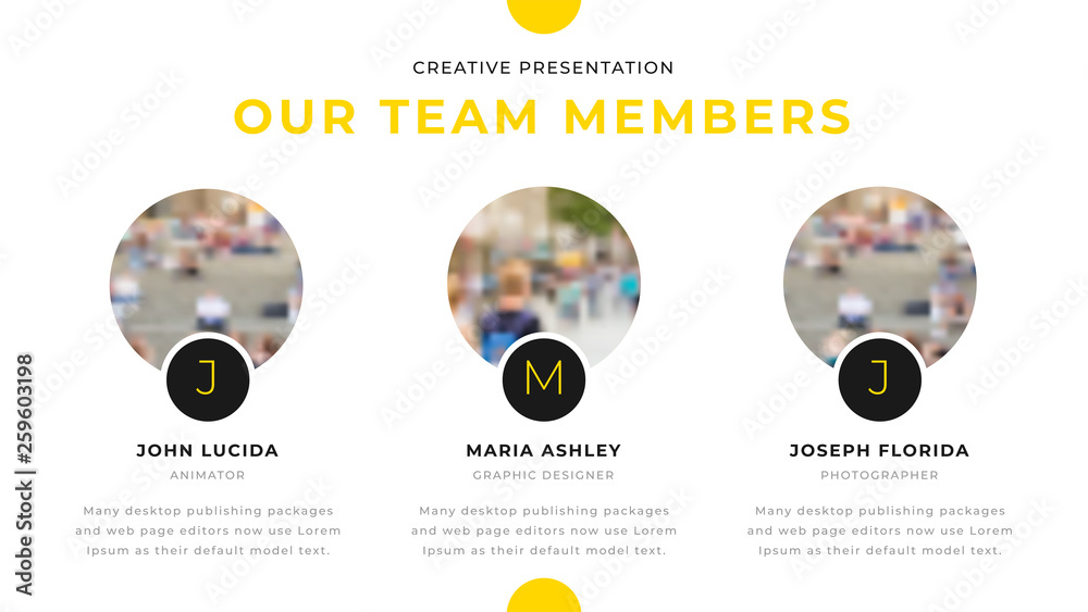 Three team members info business presentation design with rounded ...