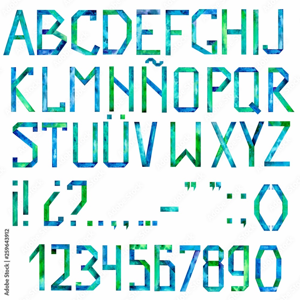 Aquarelle handwritten alphabet Latin (Spanish) letters; numbers: 1, 2 ...
